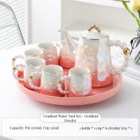 China Stylish Pink Pearl Ceramic Coffee Mug Set with Saucer and Bamboo Tea Cup 1300ml Capacity for sale