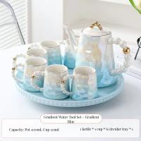 China Stylish Pink Pearl Ceramic Coffee Mug Set with Saucer and Bamboo Tea Cup 1300ml Capacity for sale