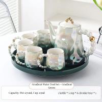 China Stylish Pink Pearl Ceramic Coffee Mug Set with Saucer and Bamboo Tea Cup 1300ml Capacity for sale
