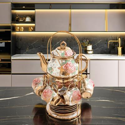 China Eco-Friendly Gold Rim Porcelain Cups and Tea Coffee Pot Set for Modern European Style for sale