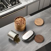 China 11/12/13/14cm Sizes Modern Design Stainless Steel Vacuum Storage Canister Wooden Lid for Coffee Beans Tea Cereal for sale