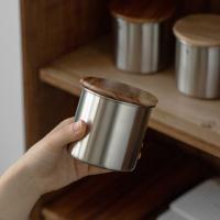 China Stylish Stainless Steel Coffee Storage Jar 11/12/13/14cm Customized Color Wooden Lid for sale
