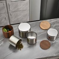 China Stylish Stainless Steel Coffee Storage Jar 11/12/13/14cm Customized Color Wooden Lid for sale