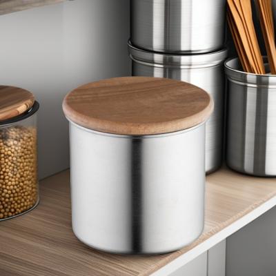 China Wooden Lid Coffee Canister Customizable Stainless Steel Vacuum Sealed for Kitchen Storage 8*7.5cm for sale