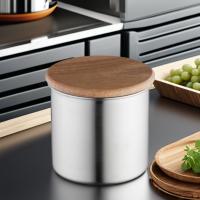 China Wooden Lid Coffee Canister Customizable Stainless Steel Vacuum Sealed for Kitchen Storage 8*7.5cm for sale