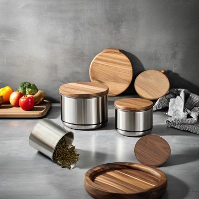 China Dried Food Storage Jar 11cm Stainless Steel Vacuum Coffee Canister with Wooden Lid for Kitchen for sale