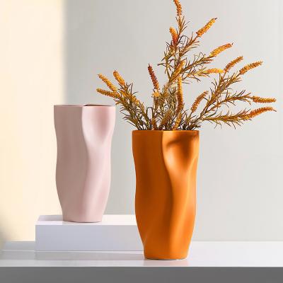 China Unique Paper Basket Shape Ceramic Vase Perfect for Modern Home Hotel Restaurant Decor for sale