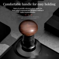 China Adjustable Stainless Steel Scaled Base 51/53/58mm Solid Wood Handle Barista Coffee Tamper for Home for sale