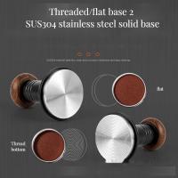 China Adjustable Stainless Steel Scaled Base 51/53/58mm Solid Wood Handle Barista Coffee Tamper for Home for sale