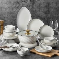 China Custom Size Ceramic White Porcelain Bowl Plate Set Black Rim for Back to School Occasion for sale