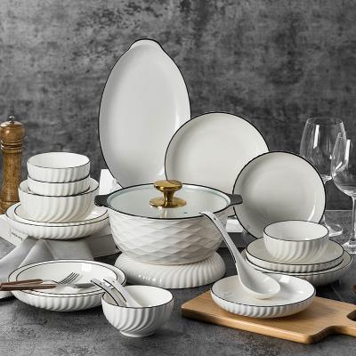 China Custom Size Ceramic White Porcelain Bowl Plate Set Black Rim for Back to School Occasion for sale