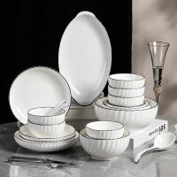 China Custom Size Ceramic White Porcelain Bowl Plate Set Black Rim for Back to School Occasion for sale