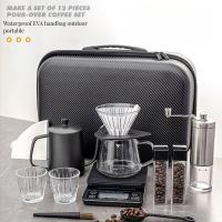 China Outdoor Travel Drip Coffee Set Classic Style with Glass Kettle and Manual Grinder for sale