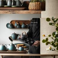 China Modern Fashionable Ceramic Tea Cups with Wood Saucer and Wooden Handle Coffee Cup Set for sale