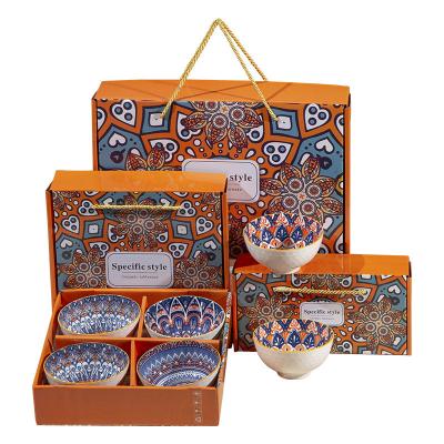 China Exquisite Bohemian Design Ceramic Bowl Set of 4 in Gift Box with Plate and Chopsticks for sale