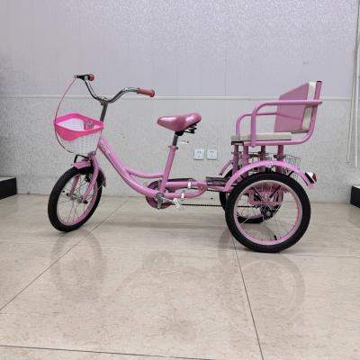 China Pink Parent-Child Two-Seater Pedal Tricycle with Dual Storage Baskets for Family Leisure Riding for sale