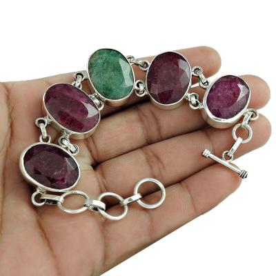 China Emerald And Ruby 925 Sterling Silver Gemstone Bracelets 19.5mm Length for sale