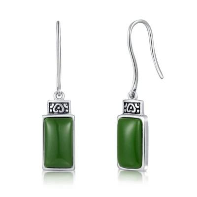 China Casual 3.10g 925 Sterling Silver Earrings Natural Stone Emerald Jade for sale