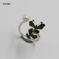 China BLK CZ Butterflies Ring 18K White Gold Akoyo Pure Pearl Stacking Promise Band Curved Shank Statement Ring Gift for sale