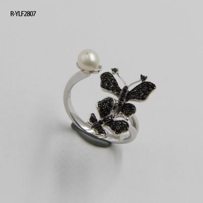 China BLK CZ Butterflies Ring 18K White Gold Akoyo Pure Pearl Stacking Promise Band Curved Shank Statement Ring Gift for sale