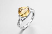 China Stunning Round Gemstone Ring Set In Rhodium Natural Citrine AAA Grade Cubic Zirconia for sale