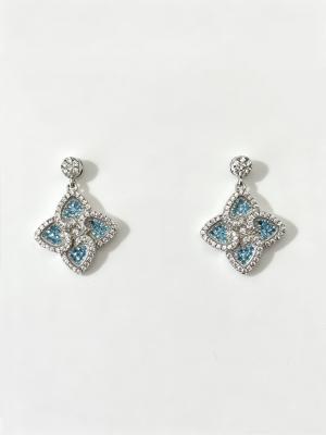 China Pointy Lucky Four-Leaf Clover 925 Silver CZ Earrings Lightweight Sterling Silver Aquamarine + White Cubic Zirconia earrings designed for Comfortable wear and lasting Shine for sale