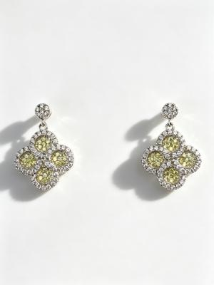 China Rhodium Plated 925 Silver CZ Earrings with Apple Green and White AAA CZ Stones in Round Lucky Flower Circle Design for sale