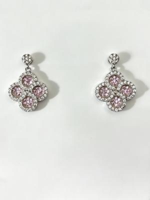 China 925 Silver CZ Earrings with Peach Pink and White AAA CZ Stones in Round Lucky Flower Circle Design Hypoallergenic Rhodium Plated for sale