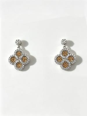 China Rhodium Plated 925 Silver CZ Earrings with Dark Champagne CZ Stones in Round Lucky Flower Shape for sale
