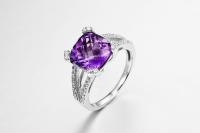 China 3.16g 925 Silver Amethyst CZ Wedding Ring with 10×10mm Cushion Stone and AAA Cubic Zirconia Accents for sale
