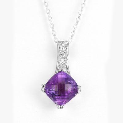 China 10mm Square Amethyst Sterling Silver Pendant with AAA Cubic Zirconia - 3.0g Rhodium Plated Jewelry for sale
