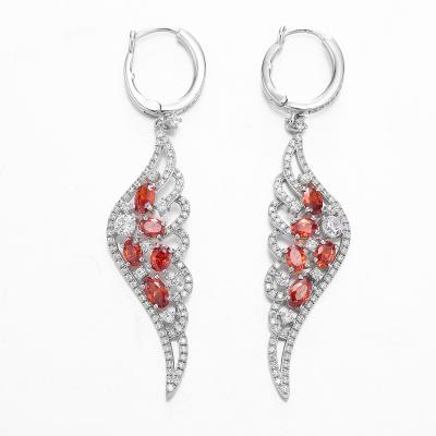 China White CZ Red Ruby Dangle Earrings 6.5g Sterling Silver Wing Shaped Drop with AAA Quality Stones for sale