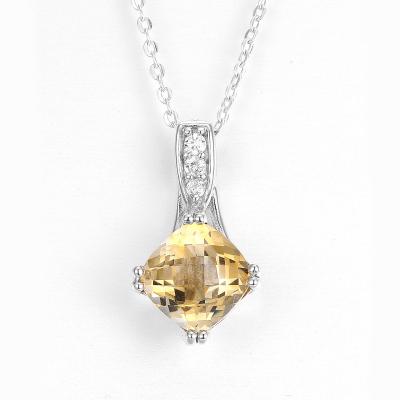 China Cushion Yellow Gold Citrine Pendant 3.0g Birthstone Charm Necklace with 10×10mm Genuine Stone and 925 Sterling Silver for sale