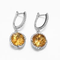 China OEM 925 Sterling Silver Citrine Earrings 2.6g Rhodium Plated Round Gemstone Jewelry for sale