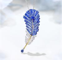 China Sapphire Virgo Feather Necklace & Brooch 0.25ct Diamond 2.1ct Sapphire 18K Gold 6.5g for sale