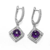 China Purple 925 Sterling Silver Amethyst Drop Earrings 2.6g Square Frame Prong Setting Gemstone Jewelry for sale