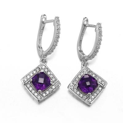 China Purple 925 Sterling Silver Amethyst Drop Earrings 2.6g Square Frame Prong Setting Gemstone Jewelry for sale