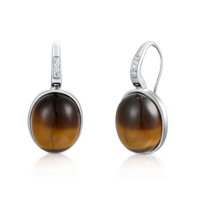China Oval Shape 925 Sterling Silver Earrings with Brown Tiger's-Eye AAA+ Gemstones 7.01g Rhodium Plated for sale