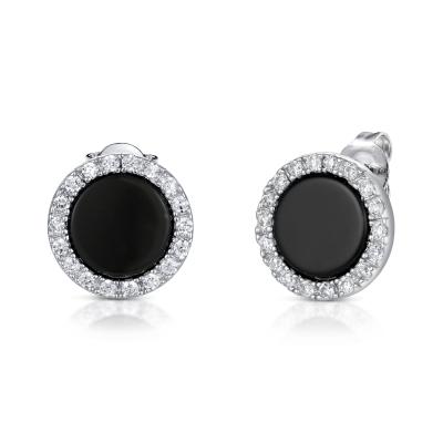 China Round Black Agate Earrings 0.7g with AAA CZ Stones in 925 Sterling Silver Rhodium Plated for sale