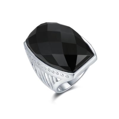 China Square 925 Silver Black Agate Gemstone Ring with 8.87g Stone Weight and Rhodium Plating for Trendy Jewelry Collections for sale