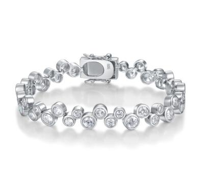 China Round CZ Chain Link Charm Bracelet 925 Sterling Silver 7.2 Inch For Women for sale