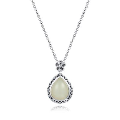 China 12x15mm Pear-Shaped White Jade Flower Lock Pendant with 3.93g 925 Silver Rhodium Plating for sale