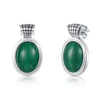 China Oval Malachite Stud Earrings 4.75g 925 Sterling Silver with Micropave Setting and AAA+ CZ Stones for sale