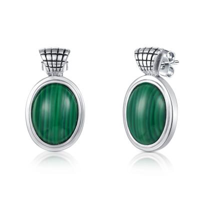 China Oval Malachite Stud Earrings 4.75g 925 Sterling Silver with Micropave Setting and AAA+ CZ Stones for sale