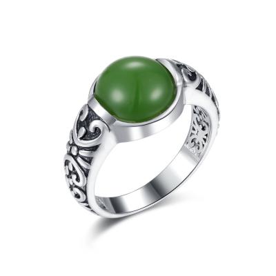 China 10x10mm Round Dark Green Jade 925 Silver Gemstone Ring with 5.23g Weight and Rhodium Plating for sale
