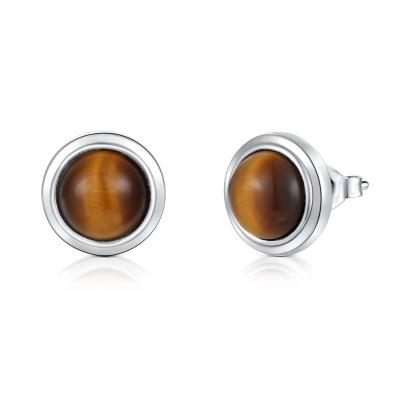China Rhodium Plated 925 Sterling Silver Tiger's Eye Stud Earrings - Round Bezel Set AAA+ Gemstones Model 5366 for sale