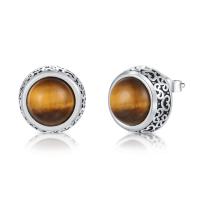China 3.39g Tiger Eye Stud Earrings Round Bezel Oil Black 925 Sterling Silver Gemstone Jewelry for sale