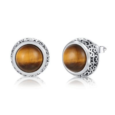 China 3.39g Tiger Eye Stud Earrings Round Bezel Oil Black 925 Sterling Silver Gemstone Jewelry for sale