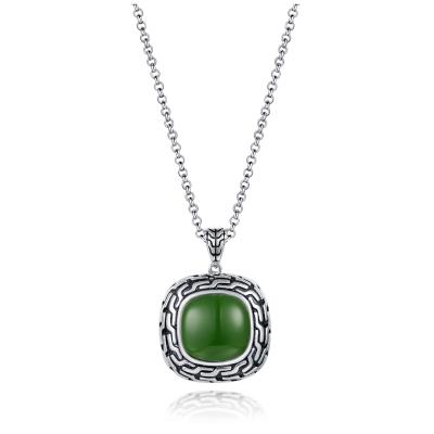 China 9.48g 925 Silver Green Jade Pendant with 14x14mm Cushion Stone and Rhodium Plating for sale