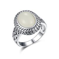 China Yujinfu 925 Silver White Jade Ring 9x12mm Oval Carved Band with Rhodium Plating and Custom Logo Option for sale